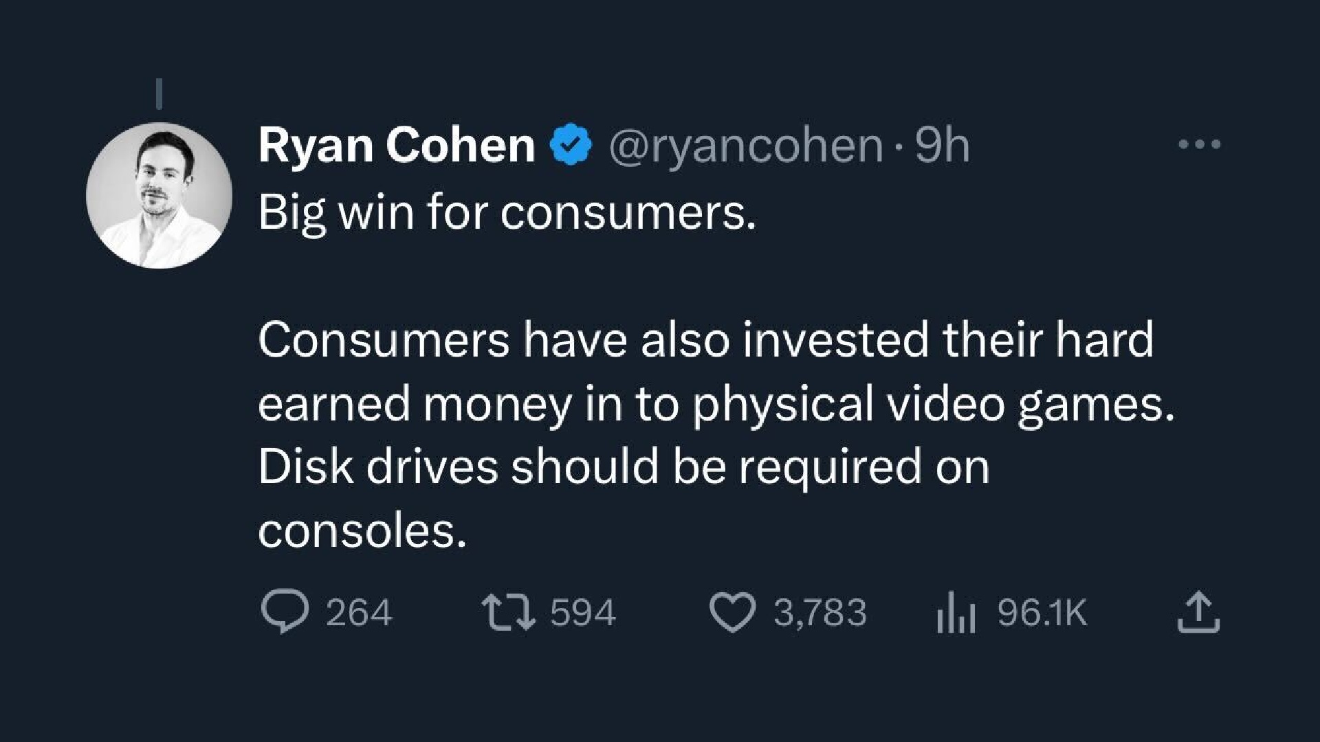 GameStop (GME) Executive Chairman Ryan Cohen says 'Disk drives should ...